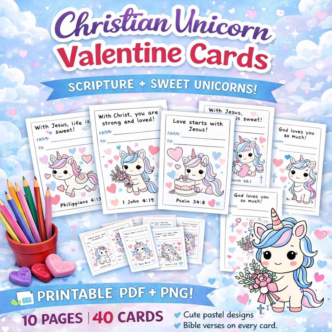 Kids Christian Valentine's Day Printable Unicorn Bible Scripture Verse ...