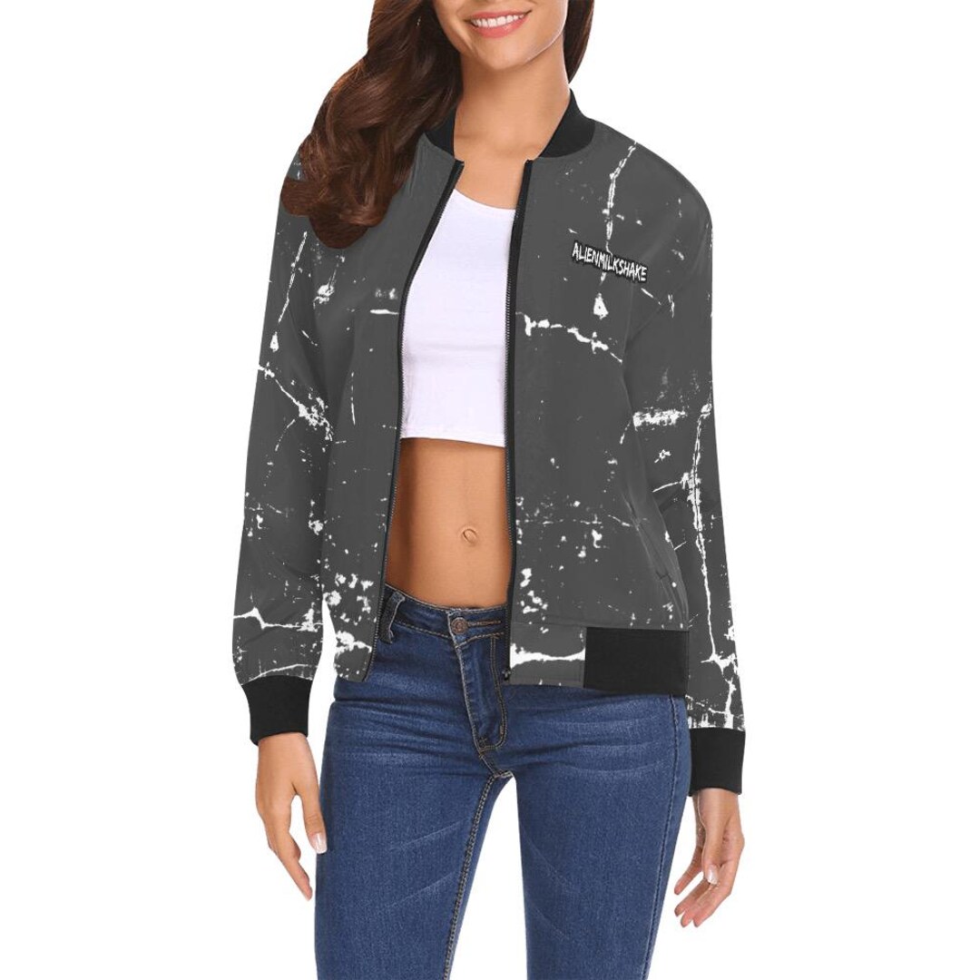Gray Ladies Bomber Jacket With Distressed White Crack & Black Ribbed ...