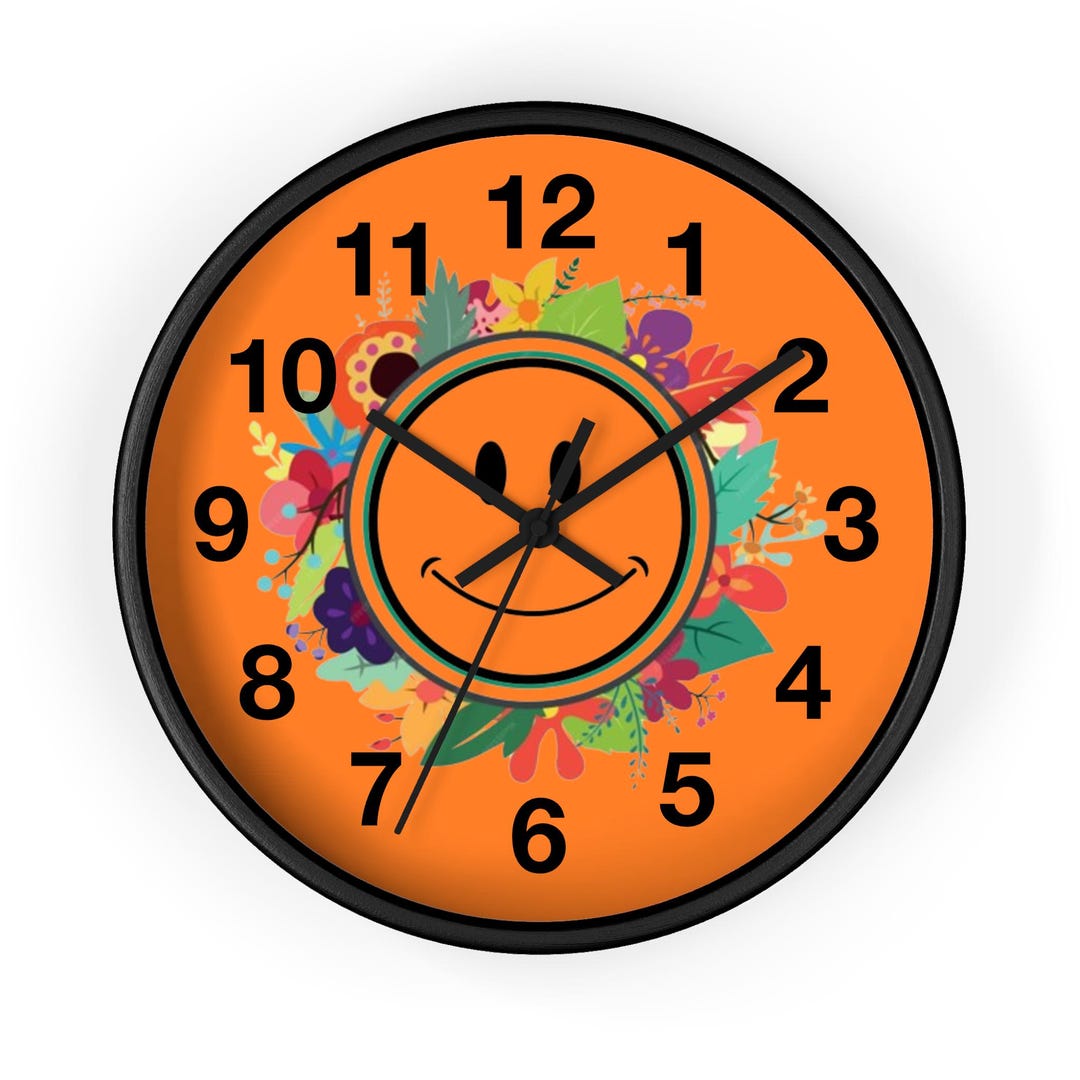 Floral Smiley Face Clock, Orange Smiley Clock, Fall Wall Clock, Cool ...