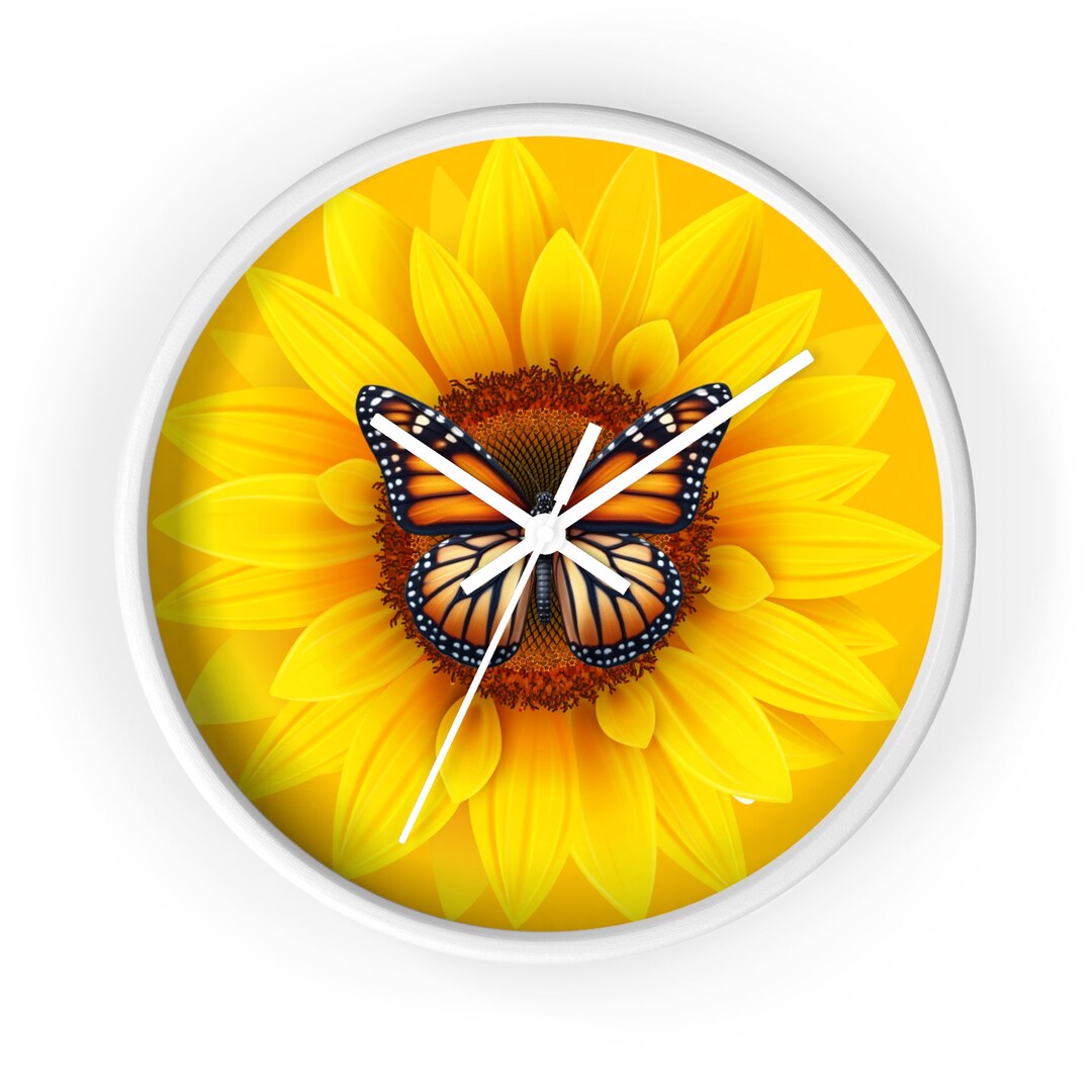 Sunflower Wall Clock, Butterfly Wall Clock, Floral Wall Clock, Flowers ...