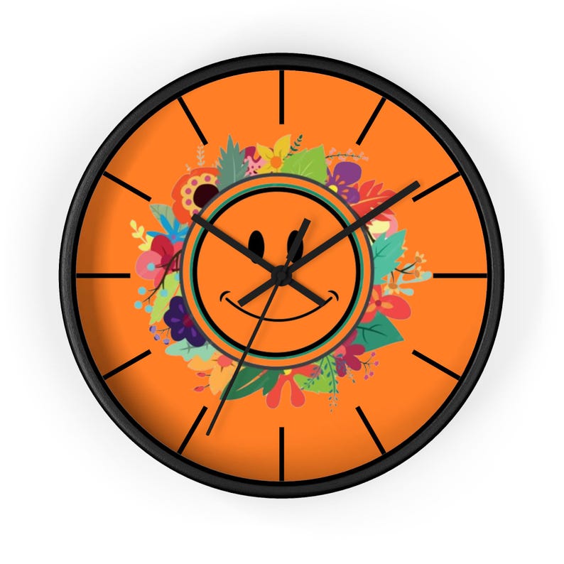 Floral Smiley Face Clock, Orange Smiley Clock, Fall Wall Clock, Modern ...