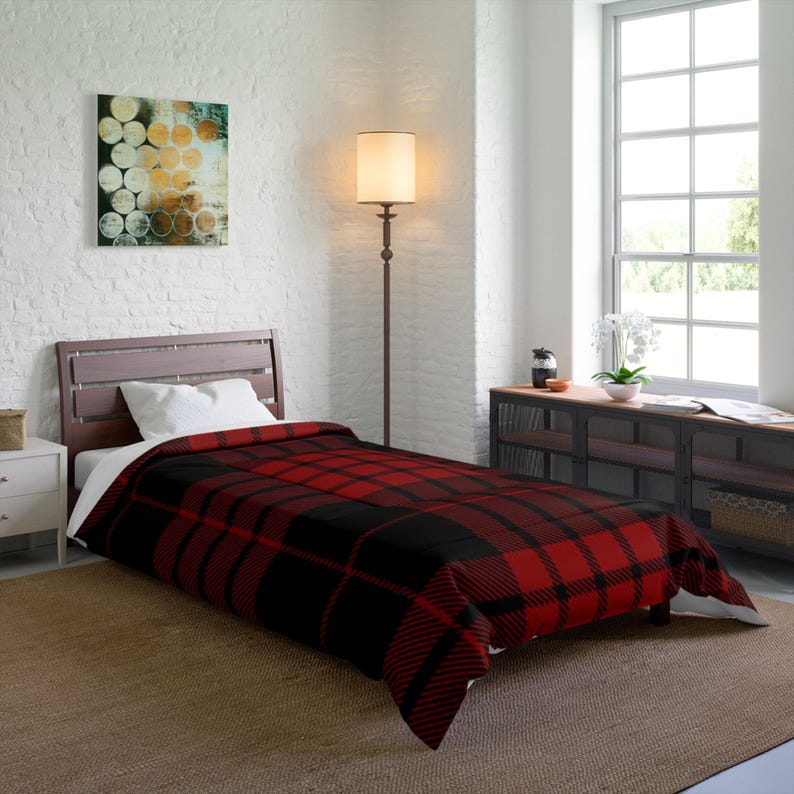 Comforter, Red Plaid Comforter, Tartan Checkered Bedding, Checkered ...