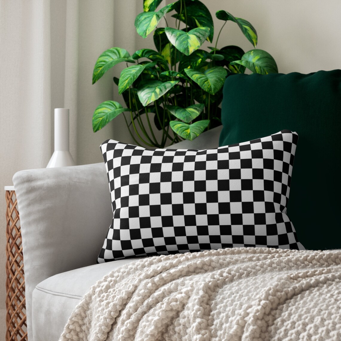 Checkerboard Lumbar Pillow, Black and White Pillow, Classic Checker ...