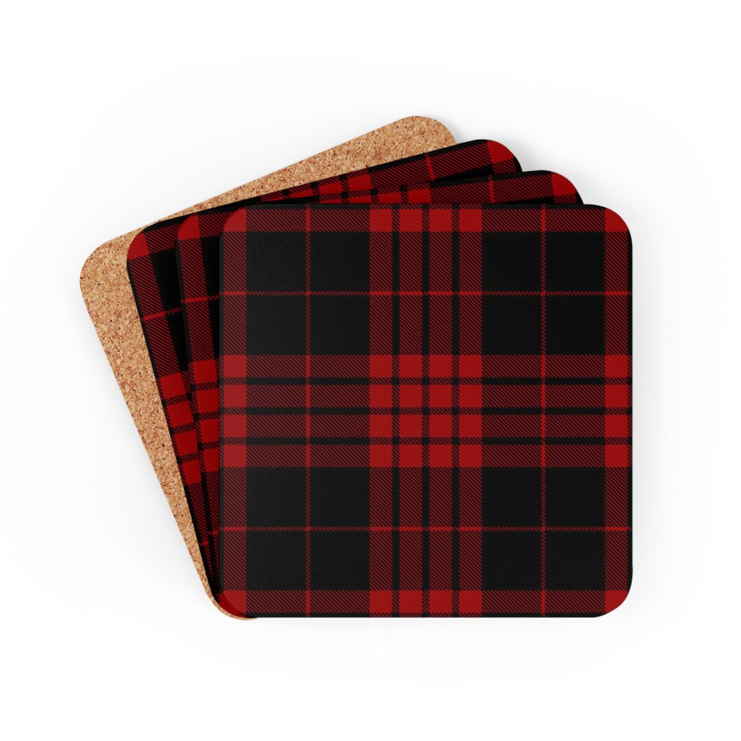 Corkwood Coaster Set, Red and Black Plaid, Modern Coasters, Home Decor ...