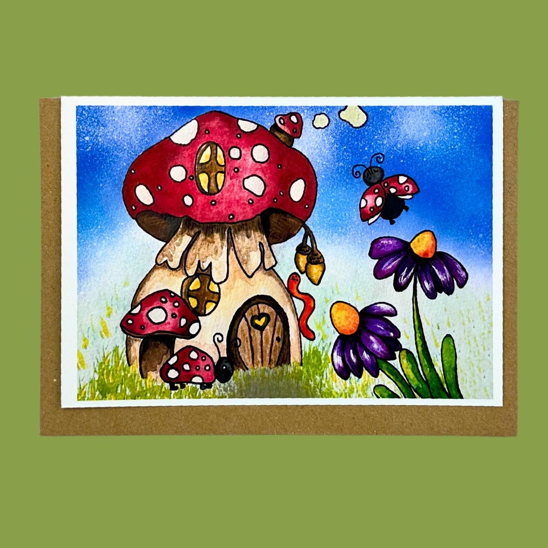 Ladybird & Toadstool House Greetings Card Watercolour Card Children's ...