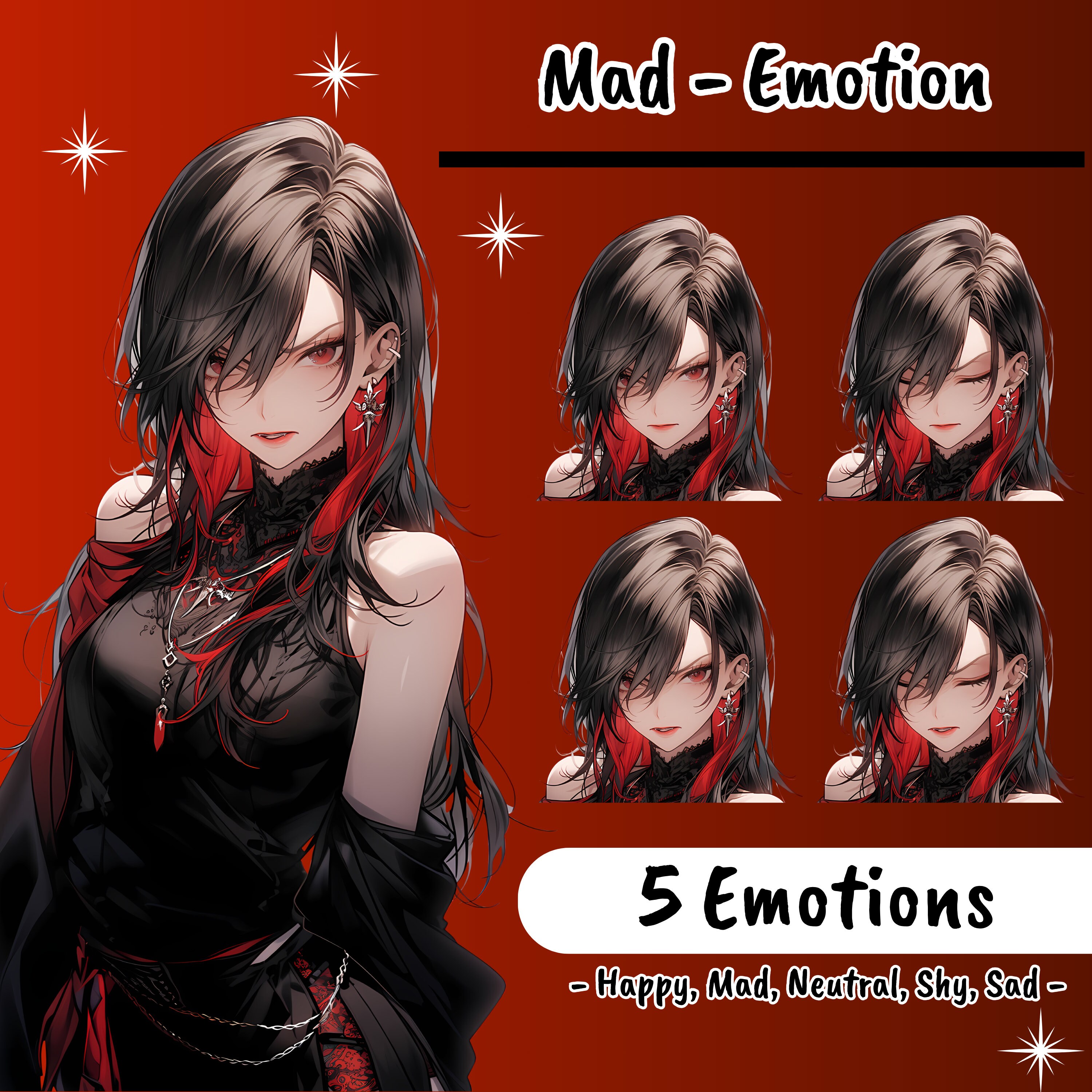 PNGTUBER Jody, the Gothic Girl 5 Emotions Vtuber Premade Assets for ...