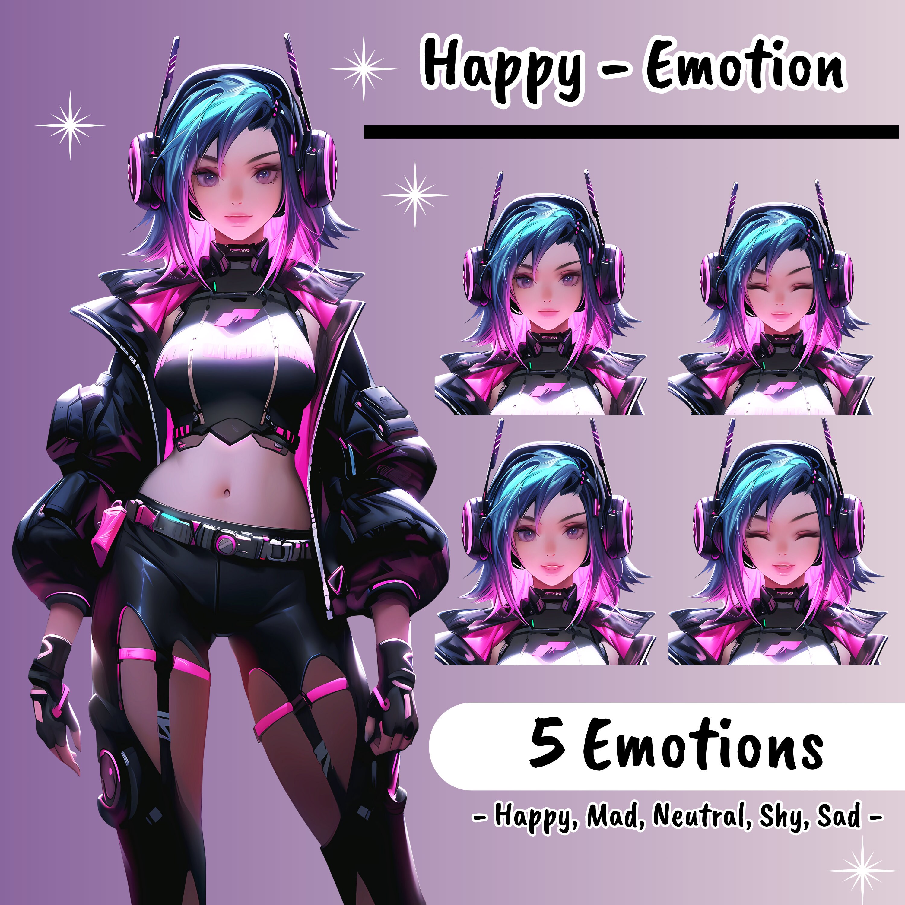 PNGTUBER | Joy, the Cyberpunk Girl | 5 Emotions | Vtuber Premade Assets ...