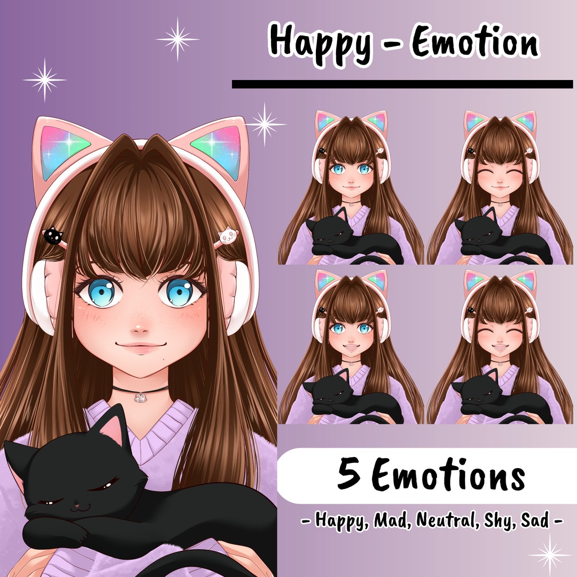PNGTUBER | Sarah, the Cat Lover | 5 Emotions | Vtuber Premade Assets ...