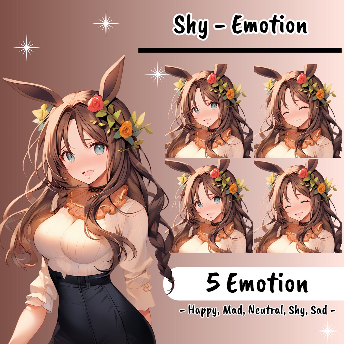 PNGTUBER Lea the Bunny Ear Girl 5 Emotions Vtuber Premade Assets for ...