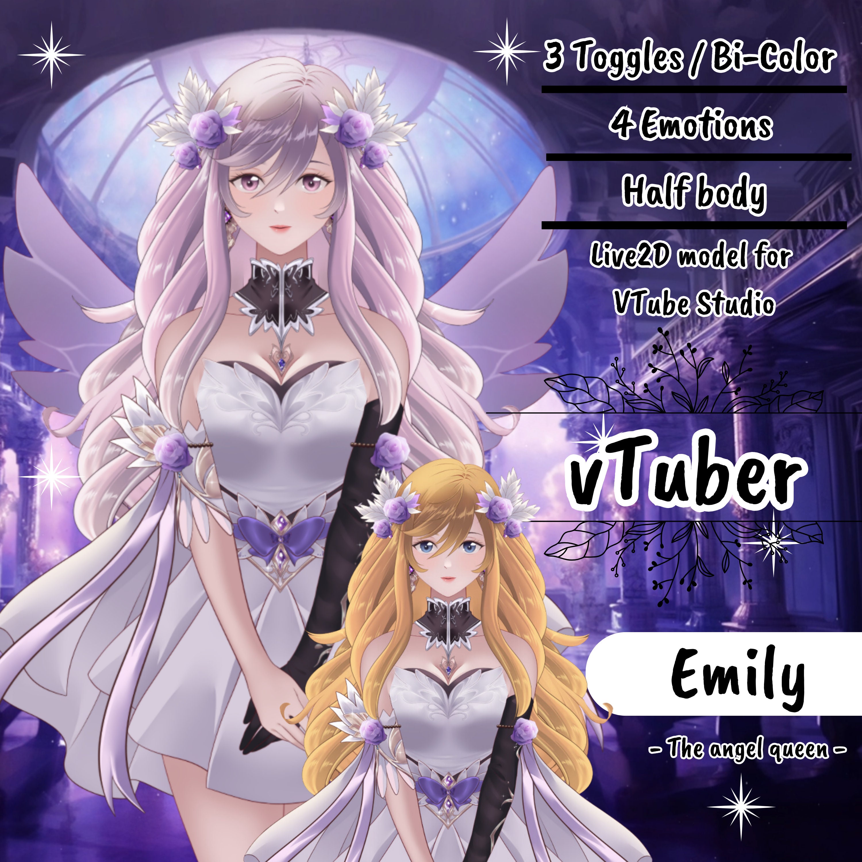 Vtuber Emily, the Angel Queen 4 Emotions 3 Toggle Live2d Model for Vtube Studio Premade Asset ...