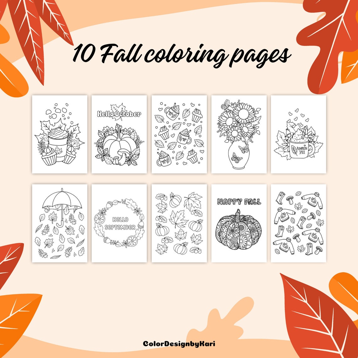 10 Fall Coloring Pages, Fall Coloring, Printable Coloring Pages, Adult ...
