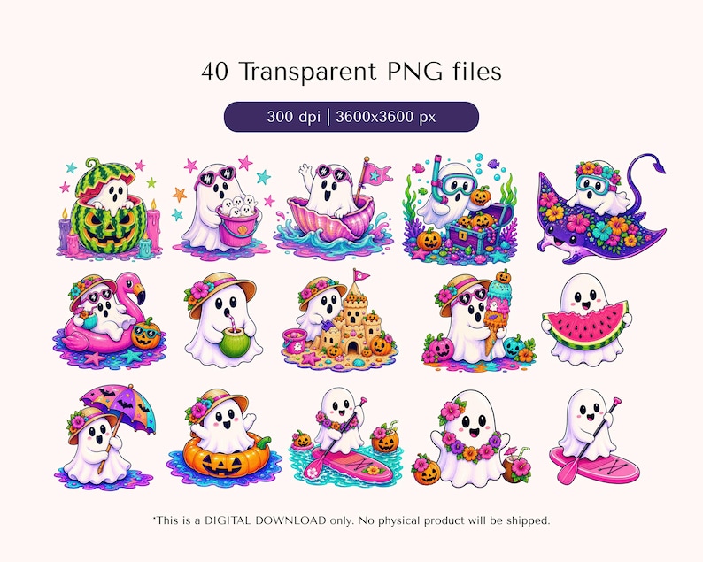 Summerween Ghost PNG Bundle | Kawaii Cute Ghost Clipart | Watercolor ...