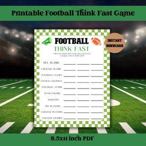 Football Think Fast Party Game, Printable Football Game, Football ...