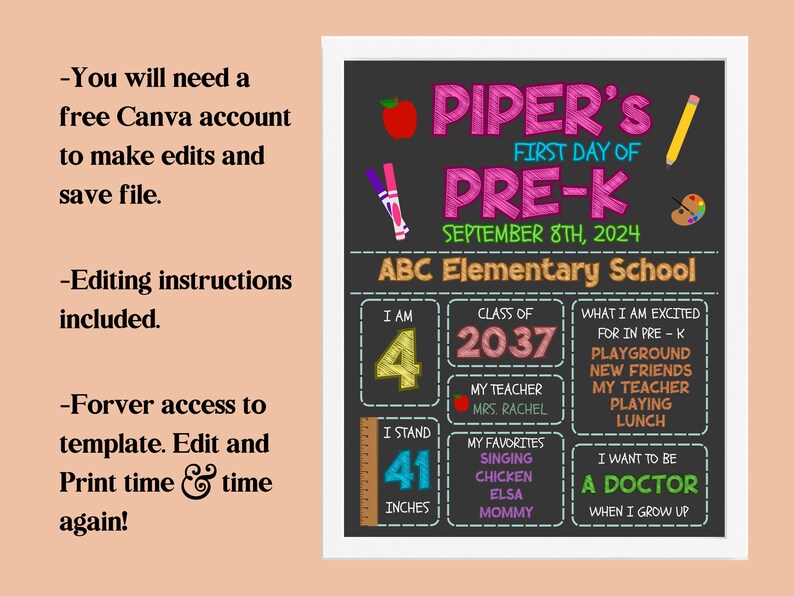 Chalkboard Back to School Sign Template, Editable First Day of School ...