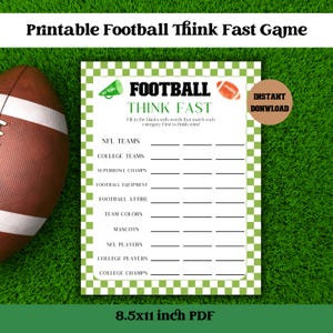 Football Think Fast Party Game, Printable Football Game, Football ...