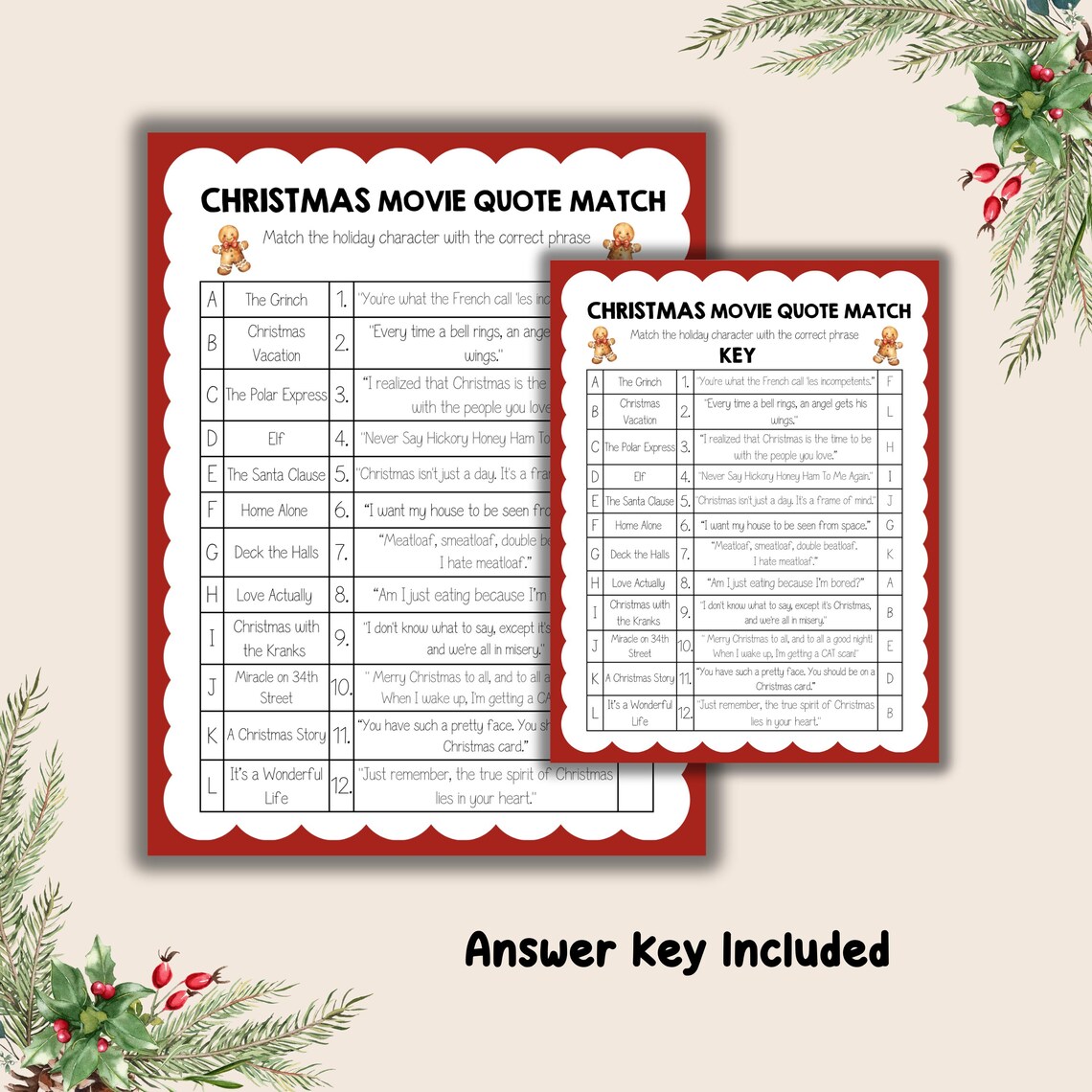 Christmas Movie Quote Match Game, Holiday Office Games, Christmas Party ...