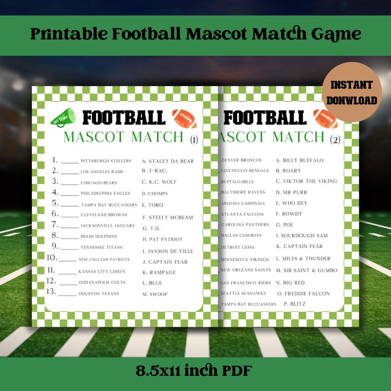 Mascot Match Pro Football Team Printable Party Game, Competitive ...