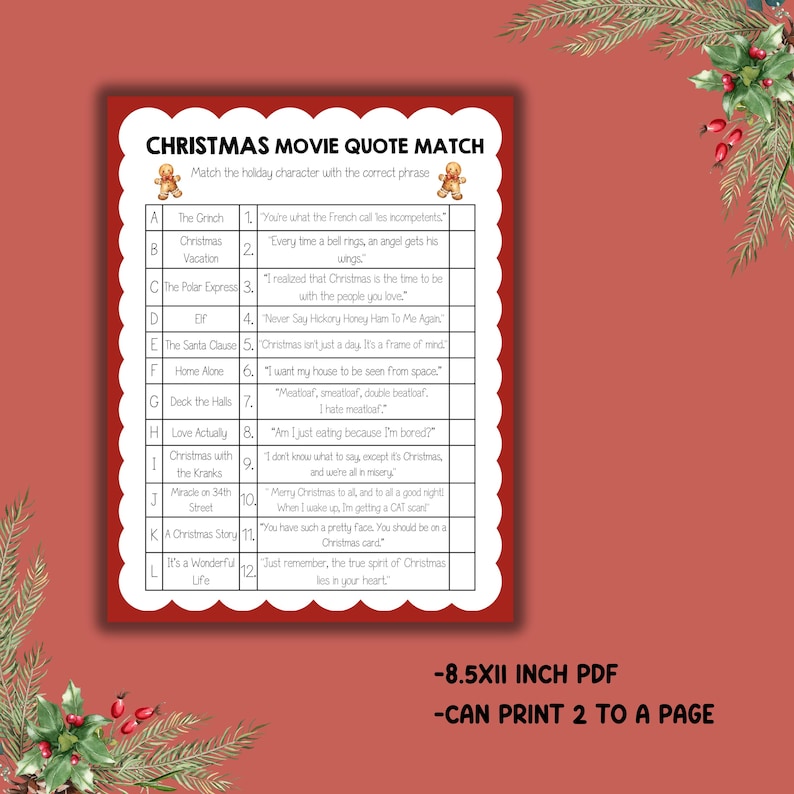 Christmas Movie Quote Match Game, Holiday Office Games, Christmas Party ...