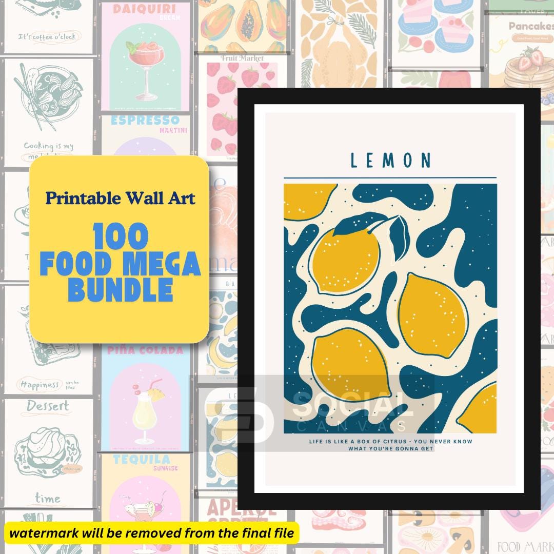 Lemon Wall Art – Modern Citrus Kitchen Poster + 100 Food-themed Wall ...