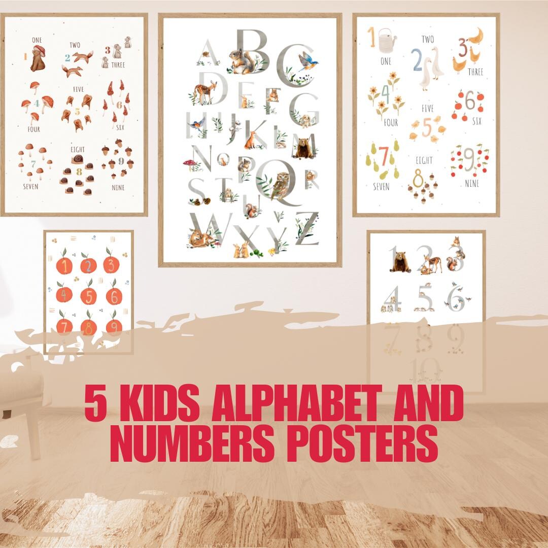 Set of 5 Kids Alphabet and Numbers Posters Educational Wall Art for ...