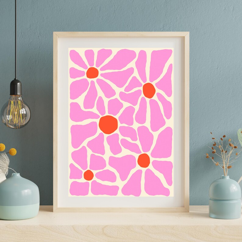 Pink Retro Flower Power Print - Vintage Boho Floral Wall Art, Mid ...