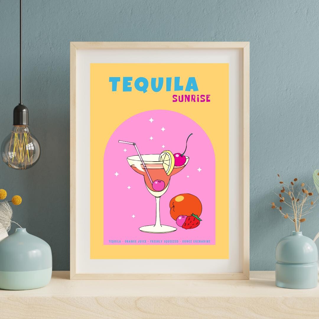 Tequila Sunrise Cocktail Art Print | Vibrant Kitchen Wall Decor | Retro ...