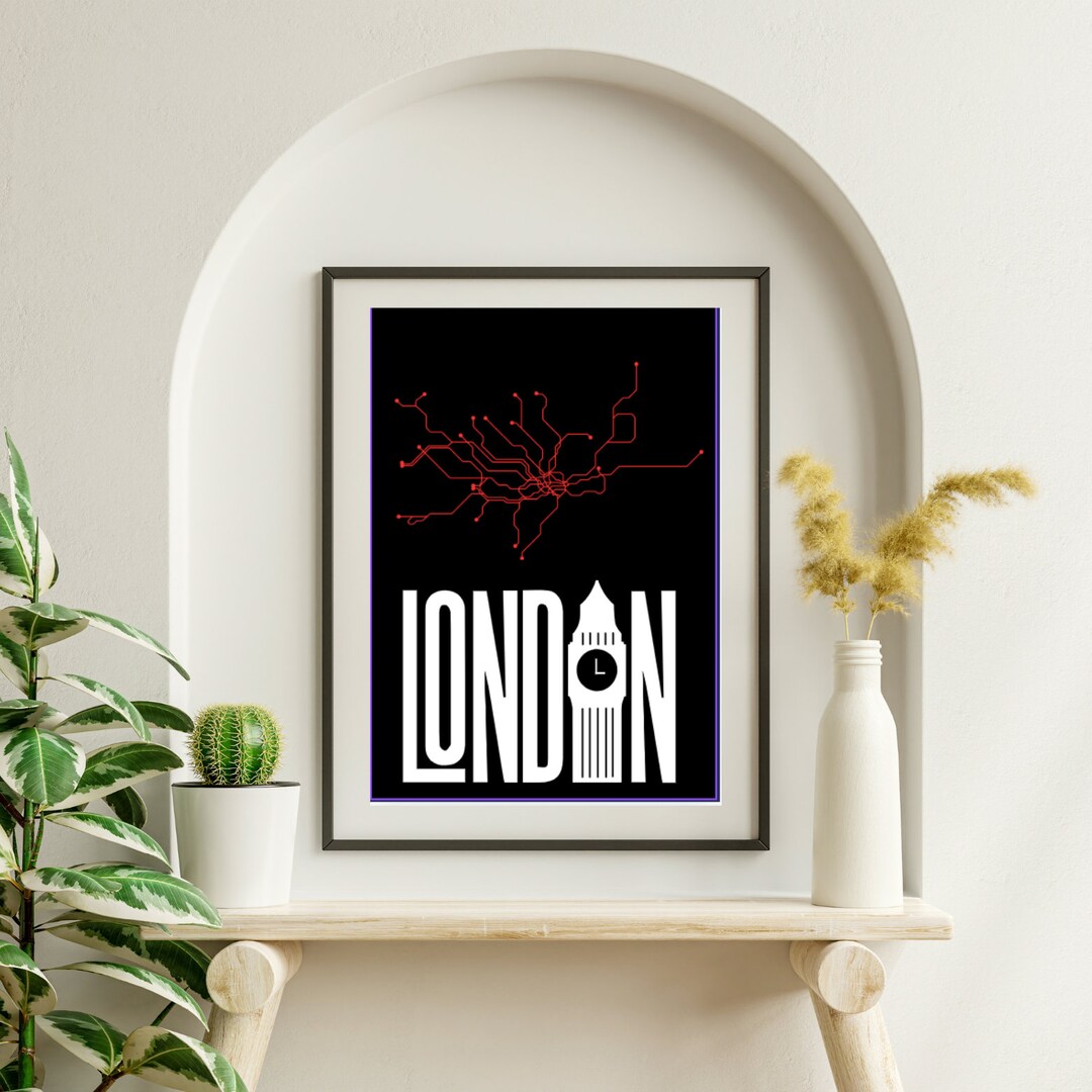 Modern London Subway Art Print, Minimalist Red and Black Tube Map ...