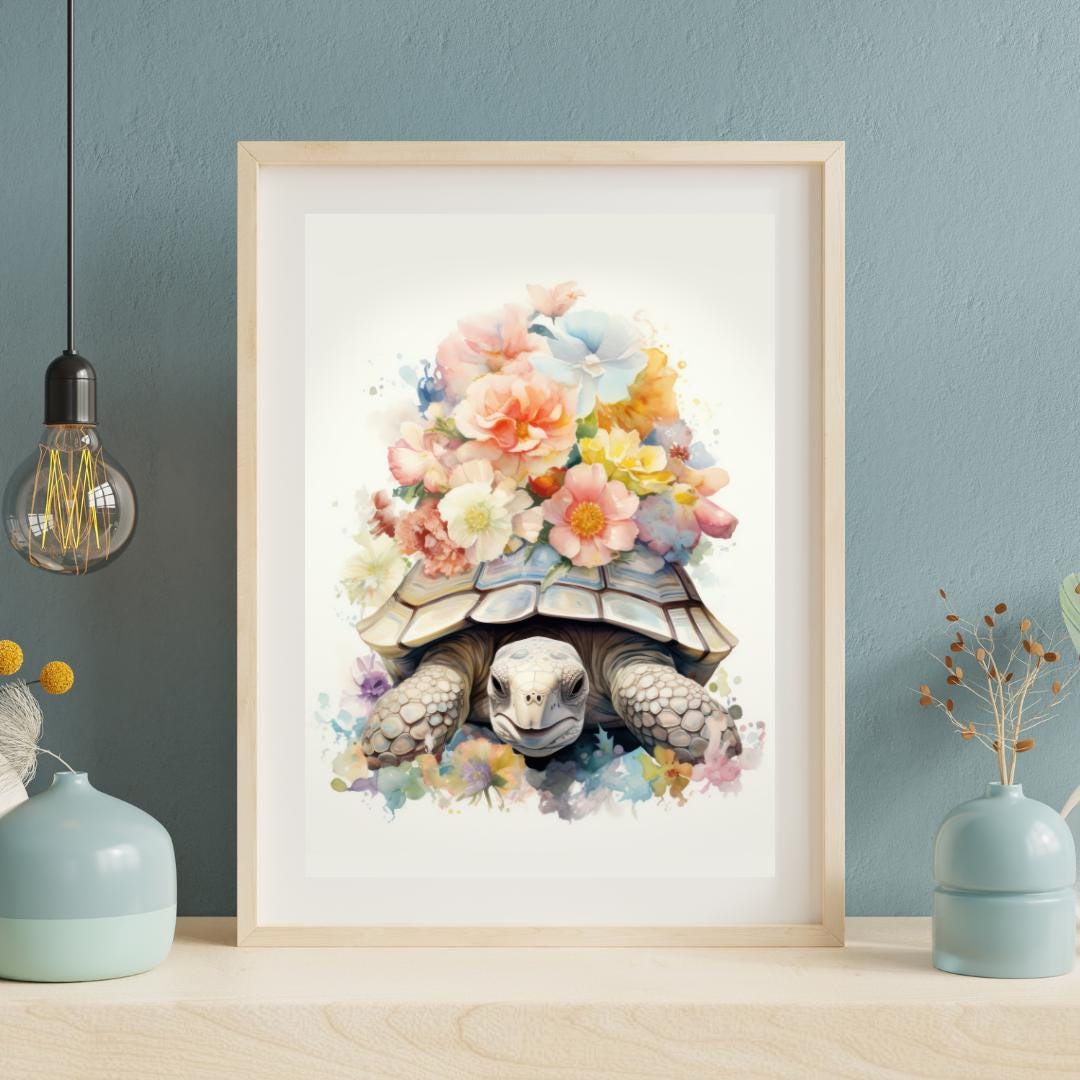 Tortoise With Floral Crown Art Print - Whimsical Nature Decor for ...