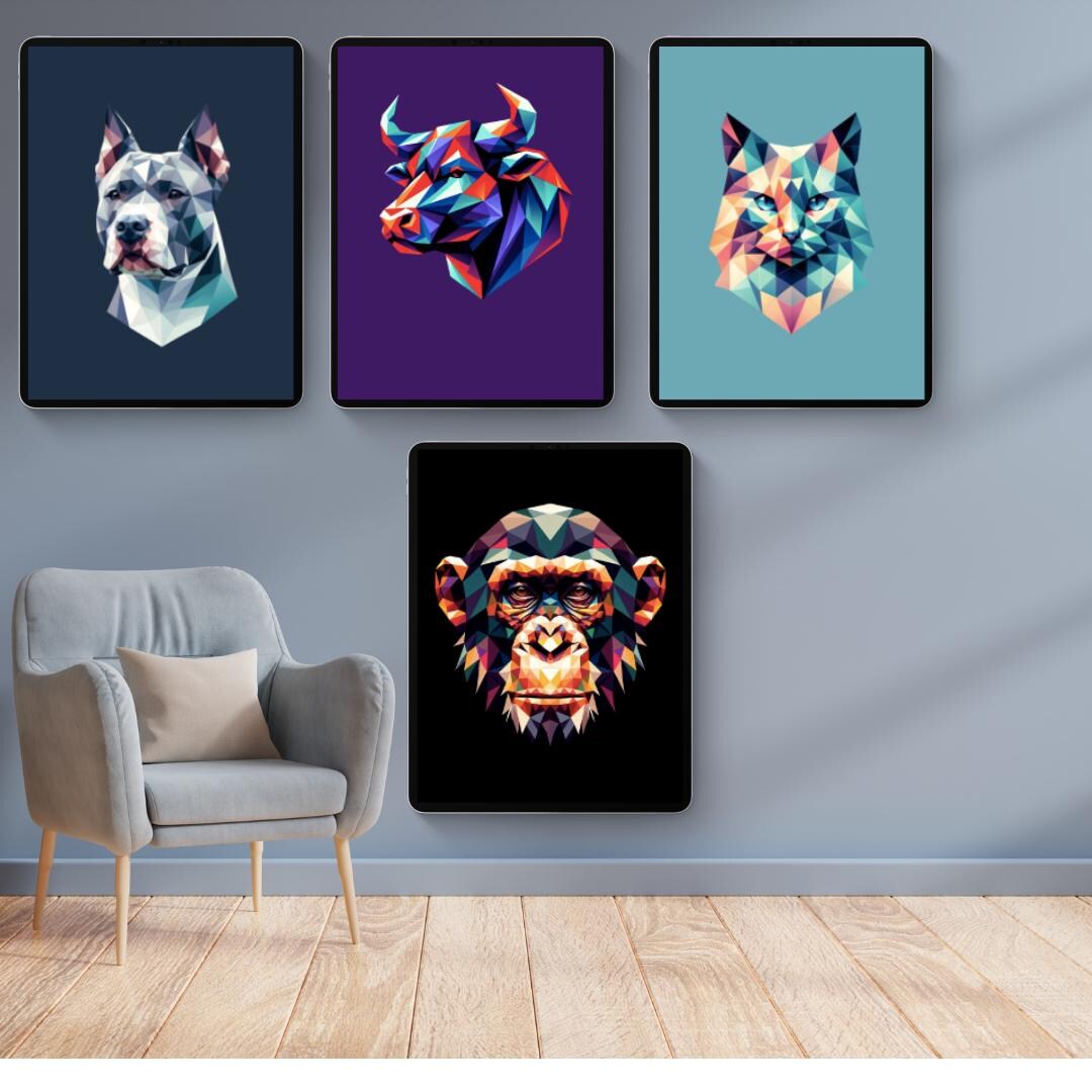 Geometric Animal Wall Art Set - Modern Colorful Dog, Bull, Cat ...