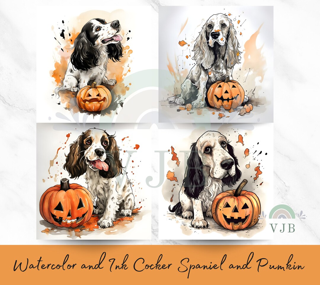 Printable Cocker Spaniel Dog and Pumpkin Watercolor Digital - Etsy