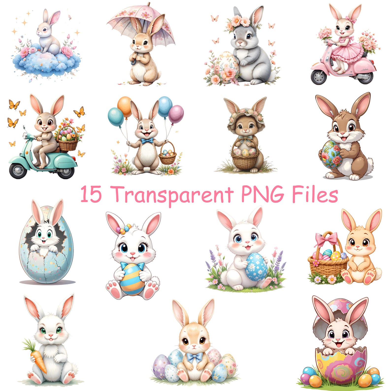 Cute Easter Bunny Clipart Set | Whimsical Bunny Graphics | Pastel ...