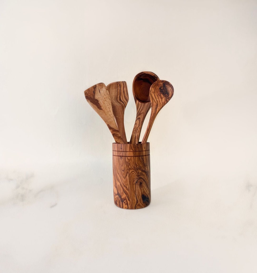 Olive Wood Utensil Holder - Handmade Olive Wood - Etsy