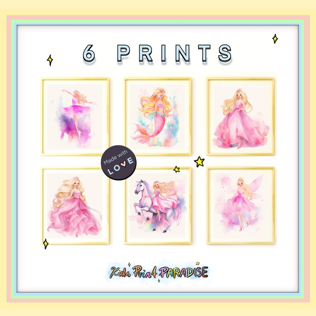 Set of 6 Pink Barbie Print Set Printable Wall Art Girls Room Decor Kids ...