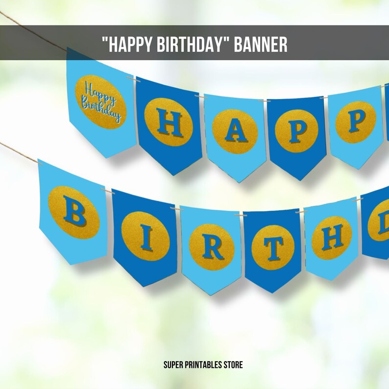 Printable Shades of Blue & Gold Theme Birthday Banner Instant Download ...