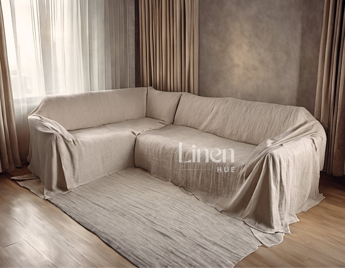L Shape Sofa Cover, Natural Linen Slipcover, Loose Sectional Sofa ...