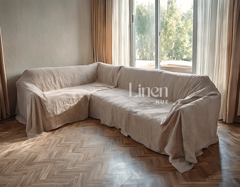 L Shape Sofa Cover, Natural Linen Slipcover, Loose Sectional Sofa ...