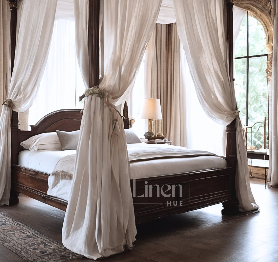 Linen Bed Drapes, Canopy Curtains With Tie Top, Set of 2 Curtain Panels ...