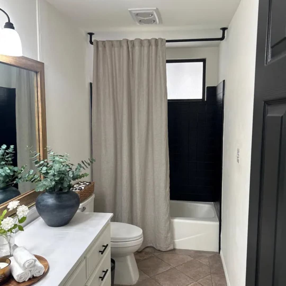 Waterproof Linen Shower Curtain With Back Tabs, Bathroom Curtain, Linen ...