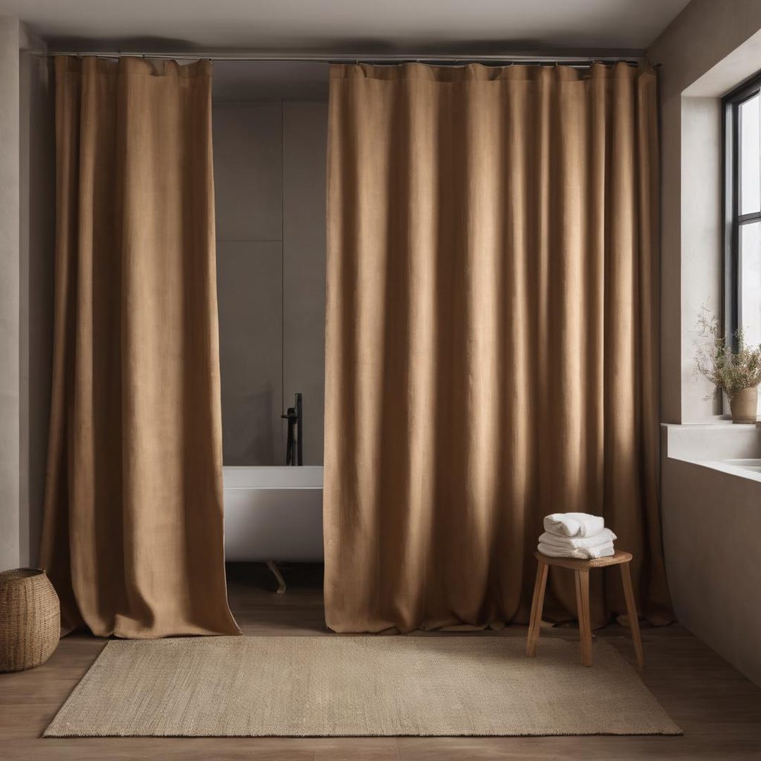 Waterproof Linen Shower Curtain With Back Tabs, Bathroom Curtain, Linen ...
