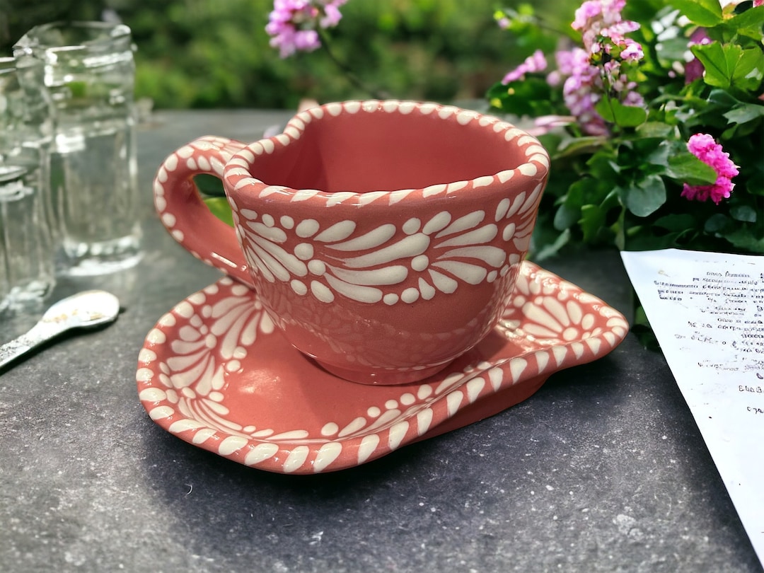 Dark Pink Talavera Heart Shaped Coffee Cups With Heart Saucer, Taza De ...