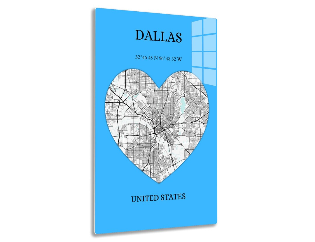 Heart of Dallas, Map Art, Red Background, Glossy, Glass, Acrylic Wall ...