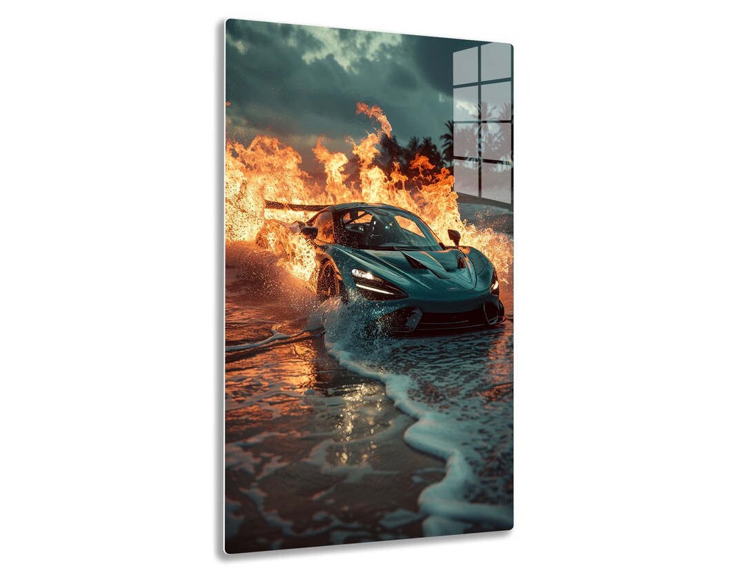 Flaming Supercar on Beach Adrenaline and Elegance Unite Glossy, Glass ...