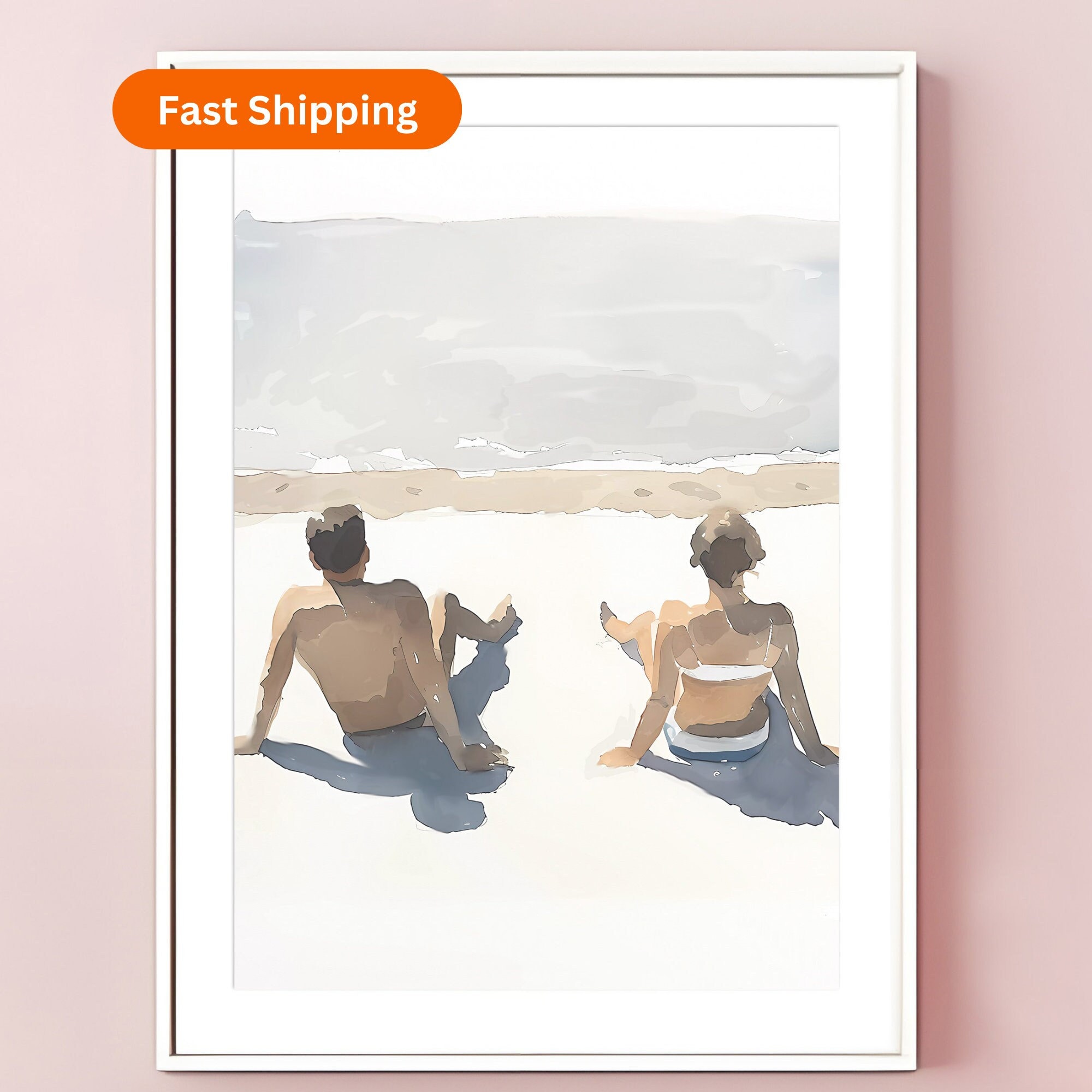 Couple Tanning on Beach Print of Watercolor Painting for Coastal ...