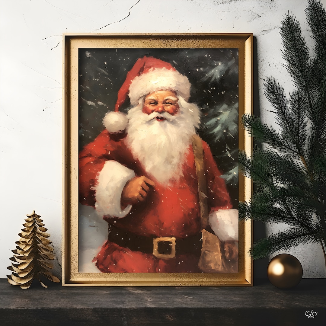 Vintage Santa Claus Print in Oil Painting Style, Festive Christmas ...