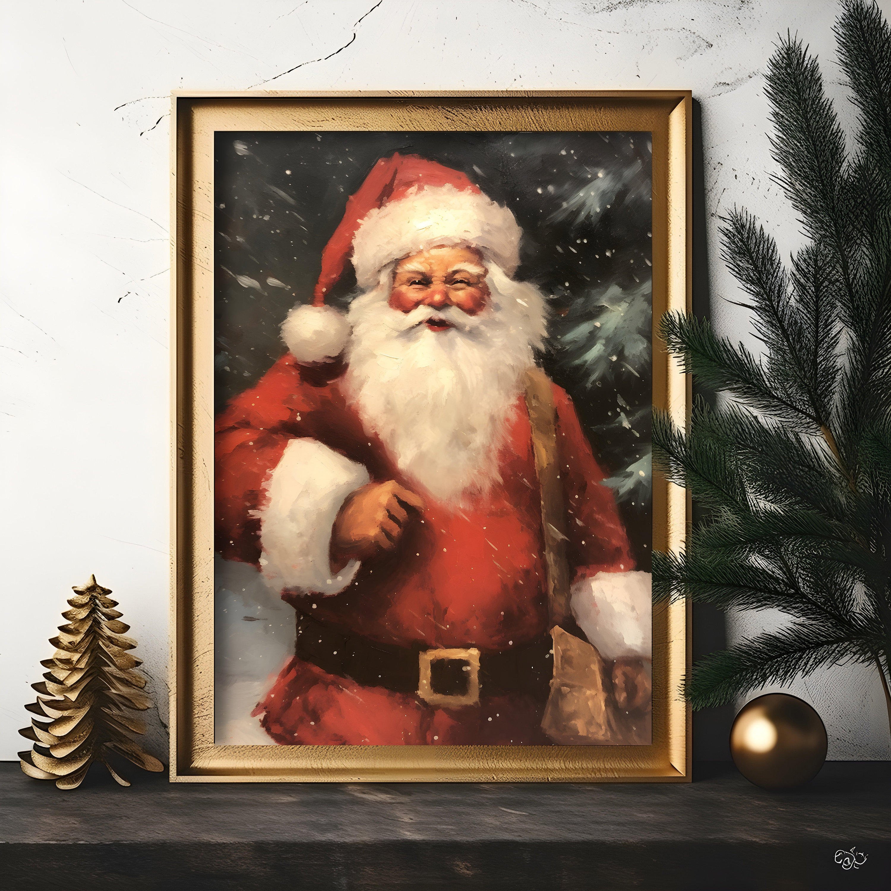 Vintage Santa Claus Print in Oil Painting Style, Festive Christmas ...