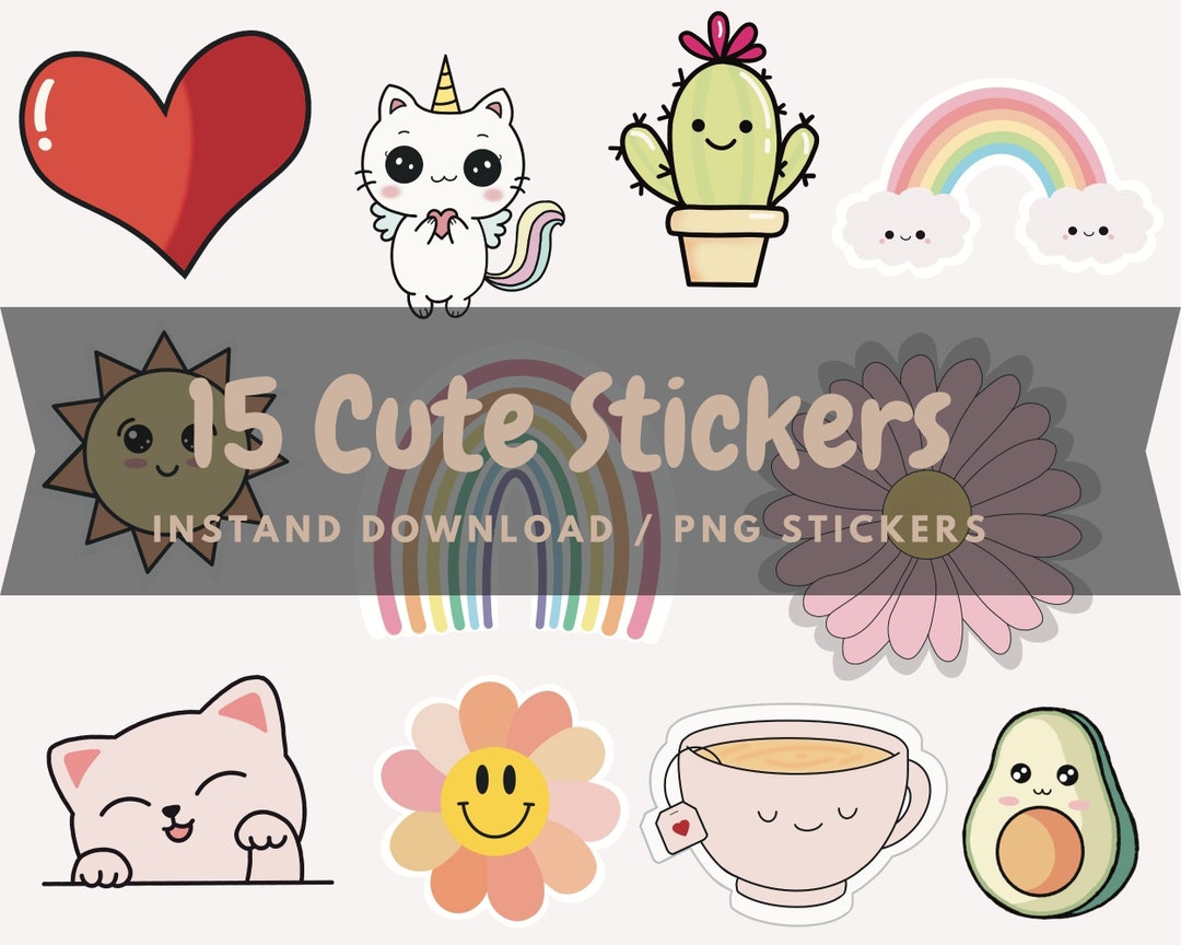 Cute Colorful Stickers, Colorful Kawaii Sticker Set, PNG Sticker Set - Etsy