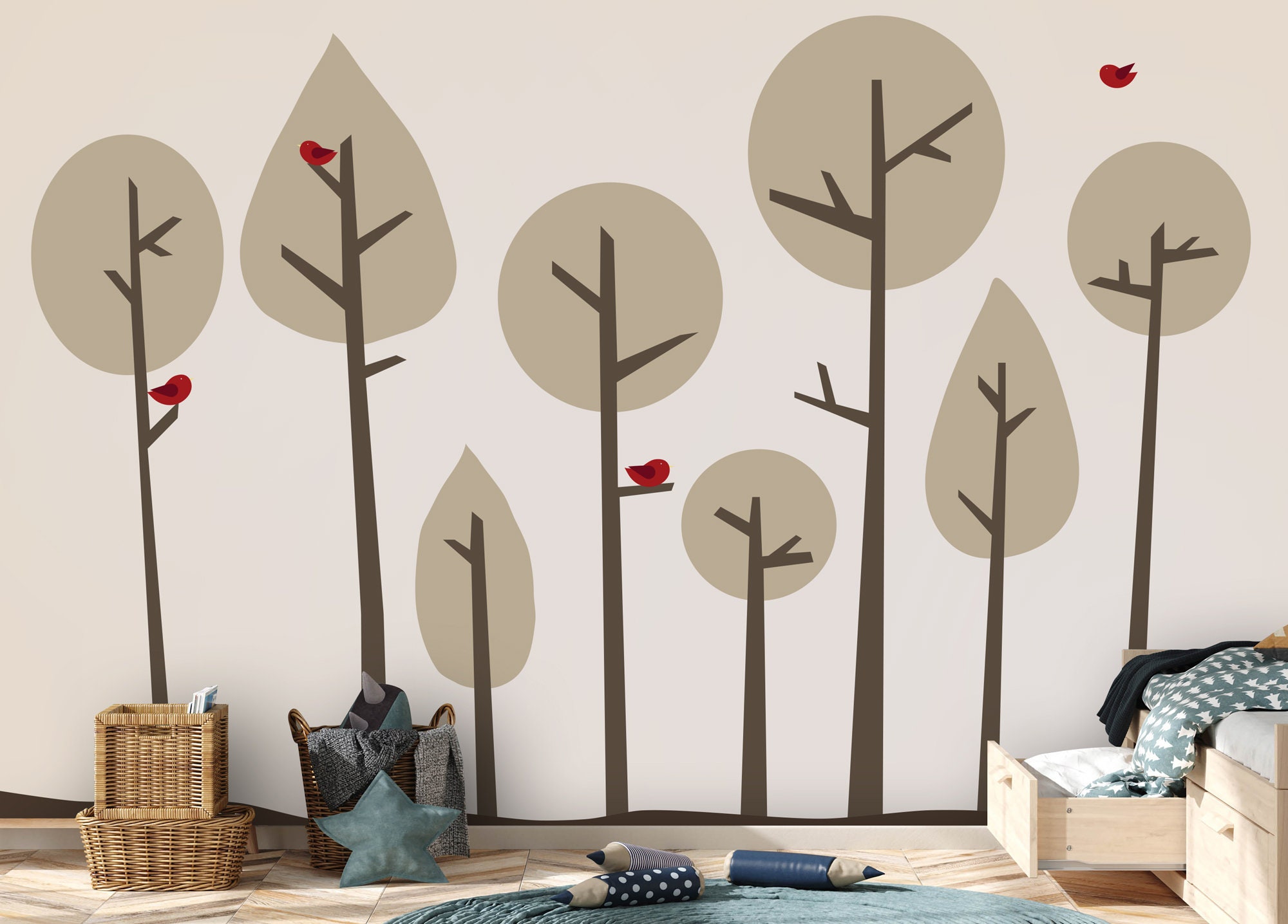 Tree Kids Wallpaper, Trees Wall Mural, Minimal Baby Room Peel and Stick ...
