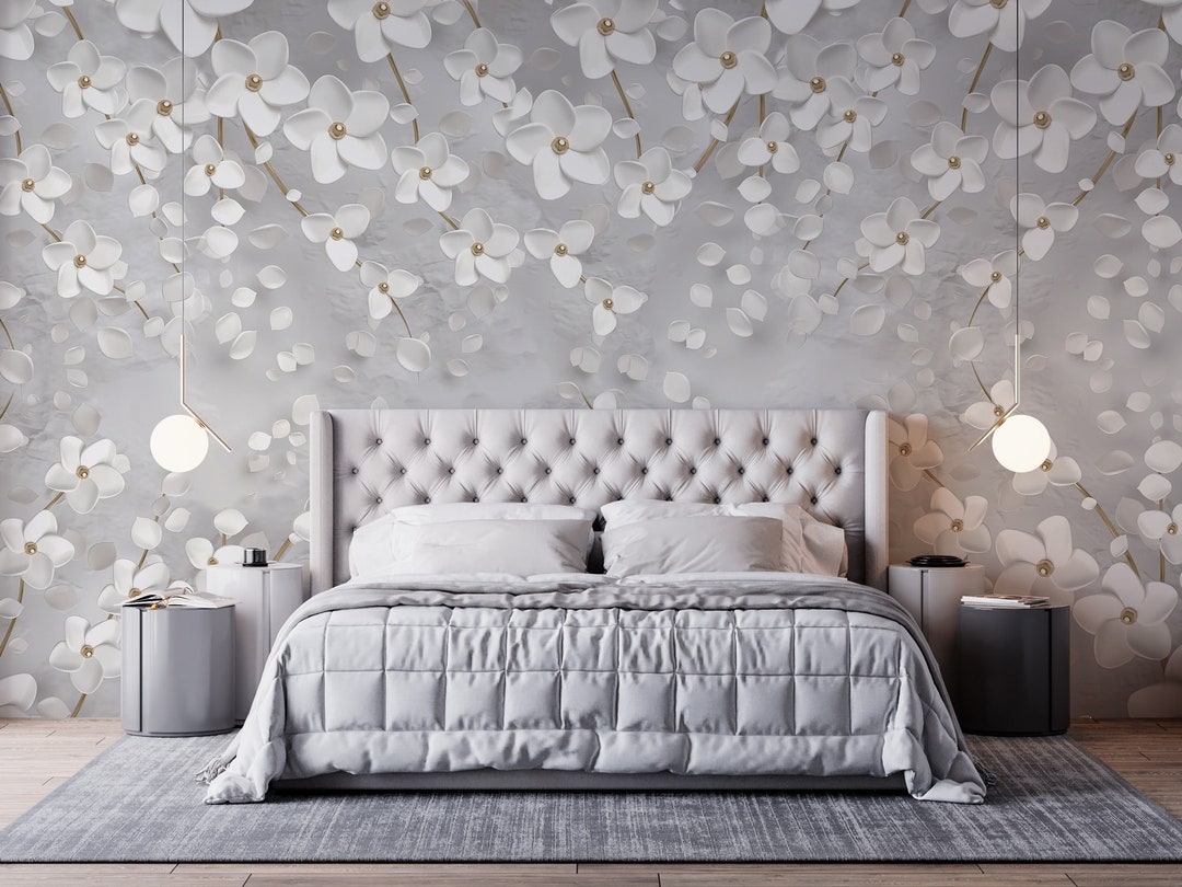 3D Flower Wallpaper, White Floral Wall Mural, Gold Peel and Stick ...
