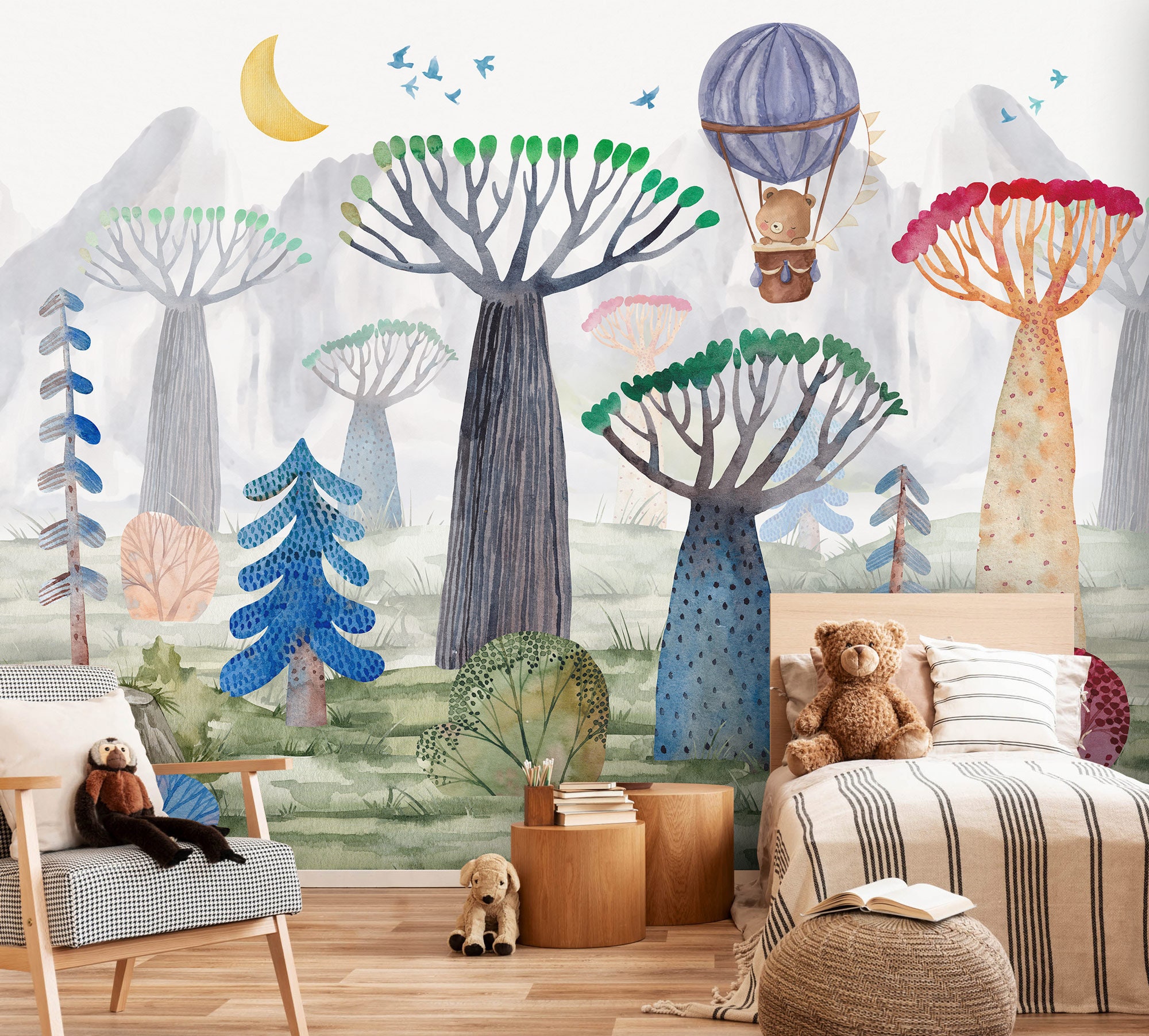 Forest Kids Wallpaper, Watercolor Trees Wall Mural, Baby Room Peel and ...