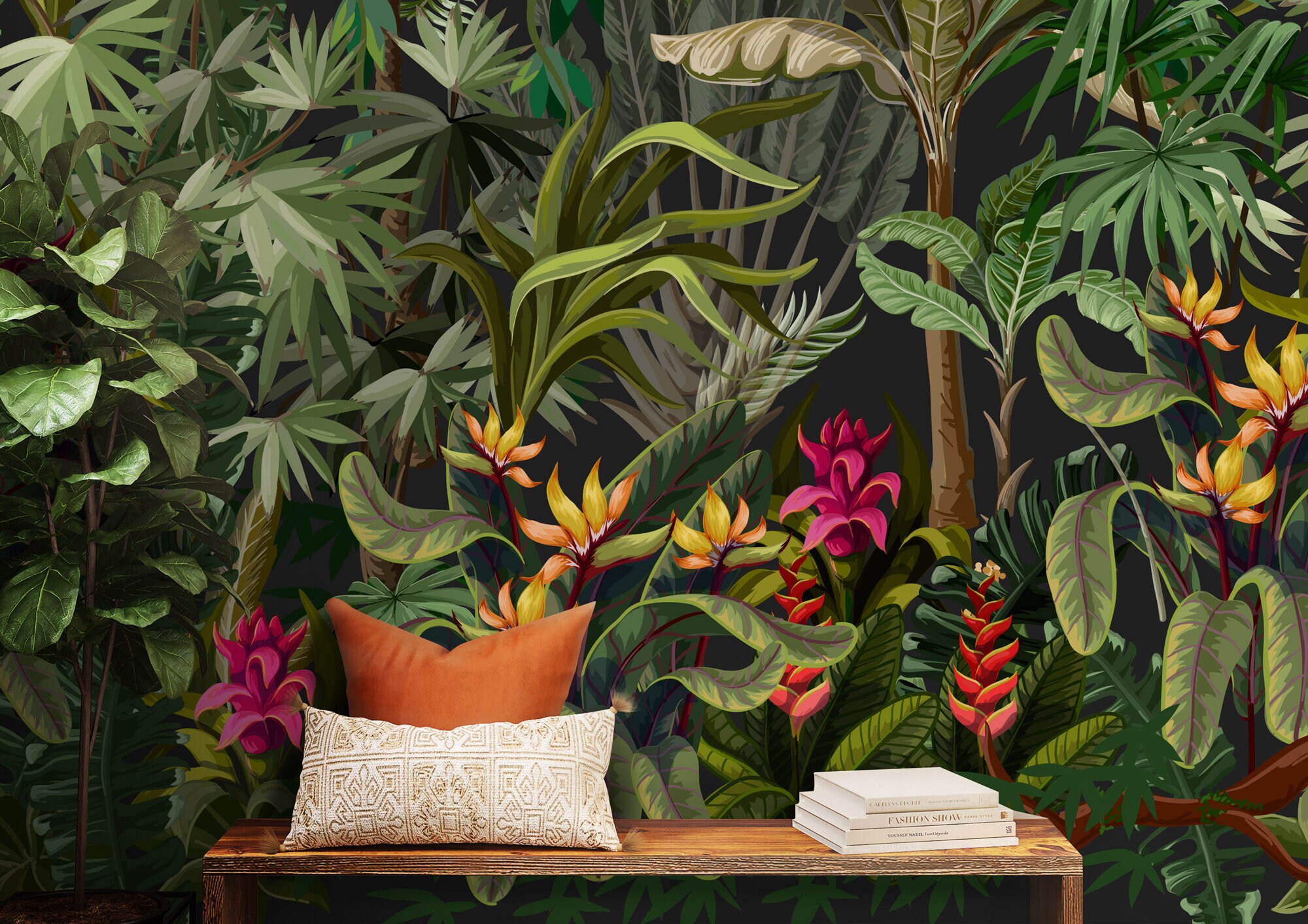 Botanical Wallpaper Dark Tropical Plants Wall Mural Floral Peel and ...